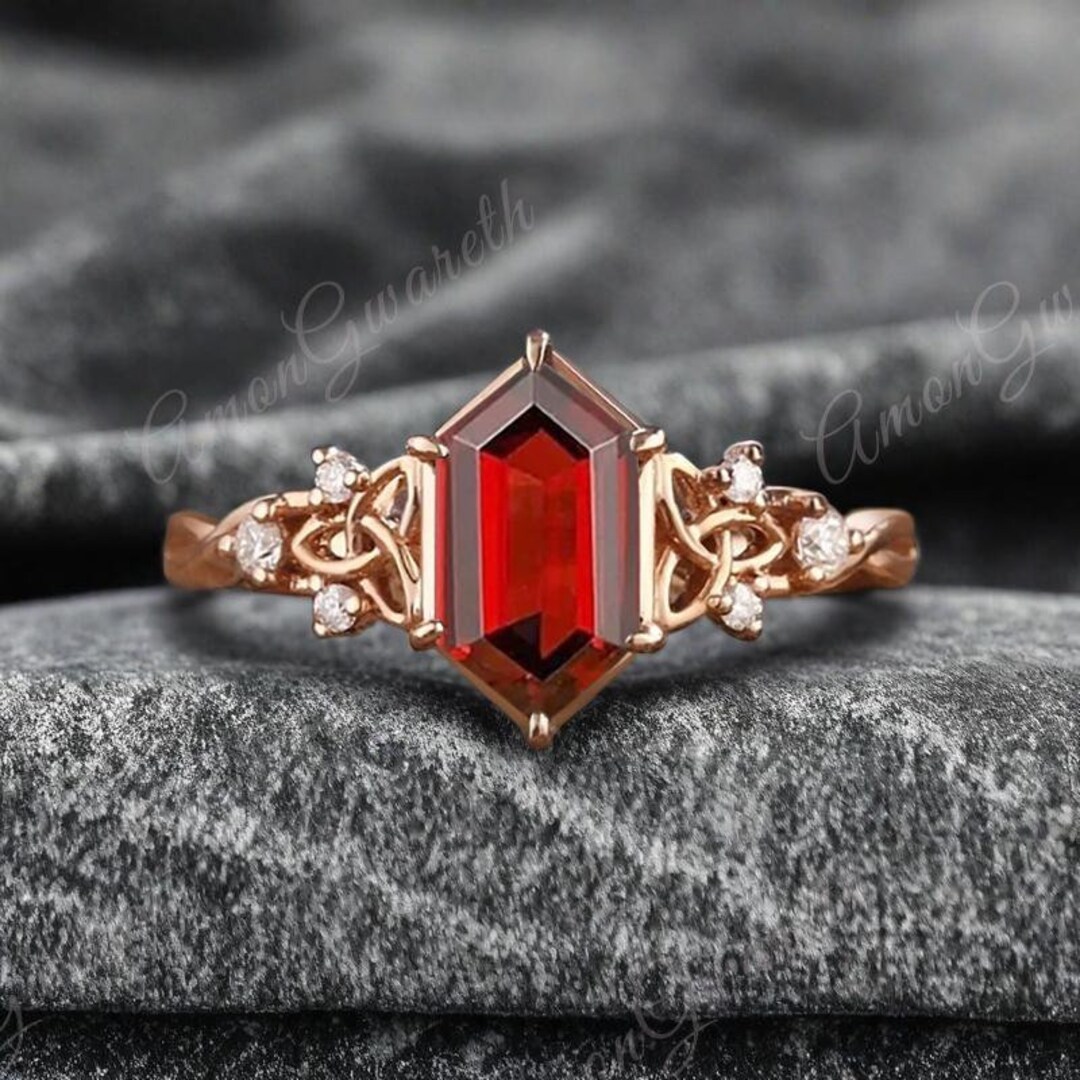 Art Deco Ruby Ring Vintage Bezel Setting Ruby Ring Solid 14k Rose Gold Ring Unique Hexagon Cut ...