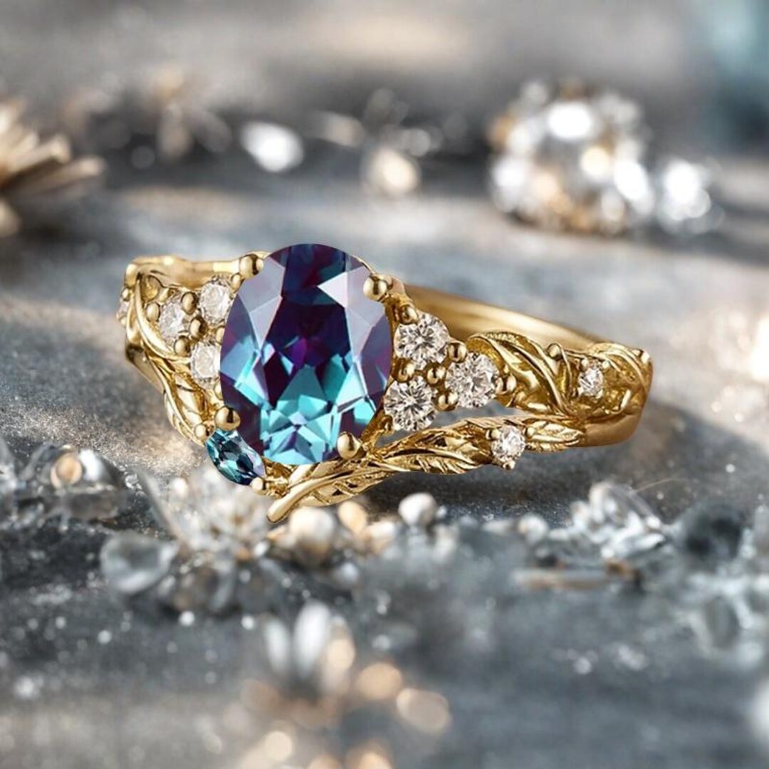 Alexandrite Wedding Ring Set Dainty Oval Shape Alexandrite Ring ...