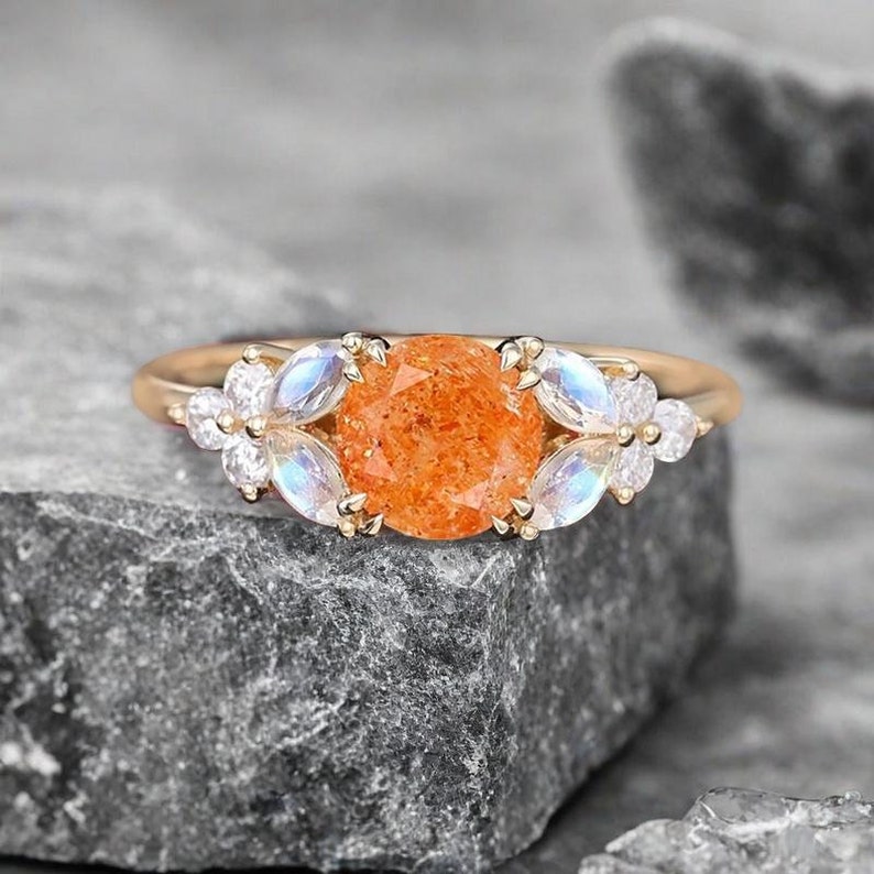 Vintage Sunstone Ring 14K Rose Gold Round Orange Unique Gemstone ...
