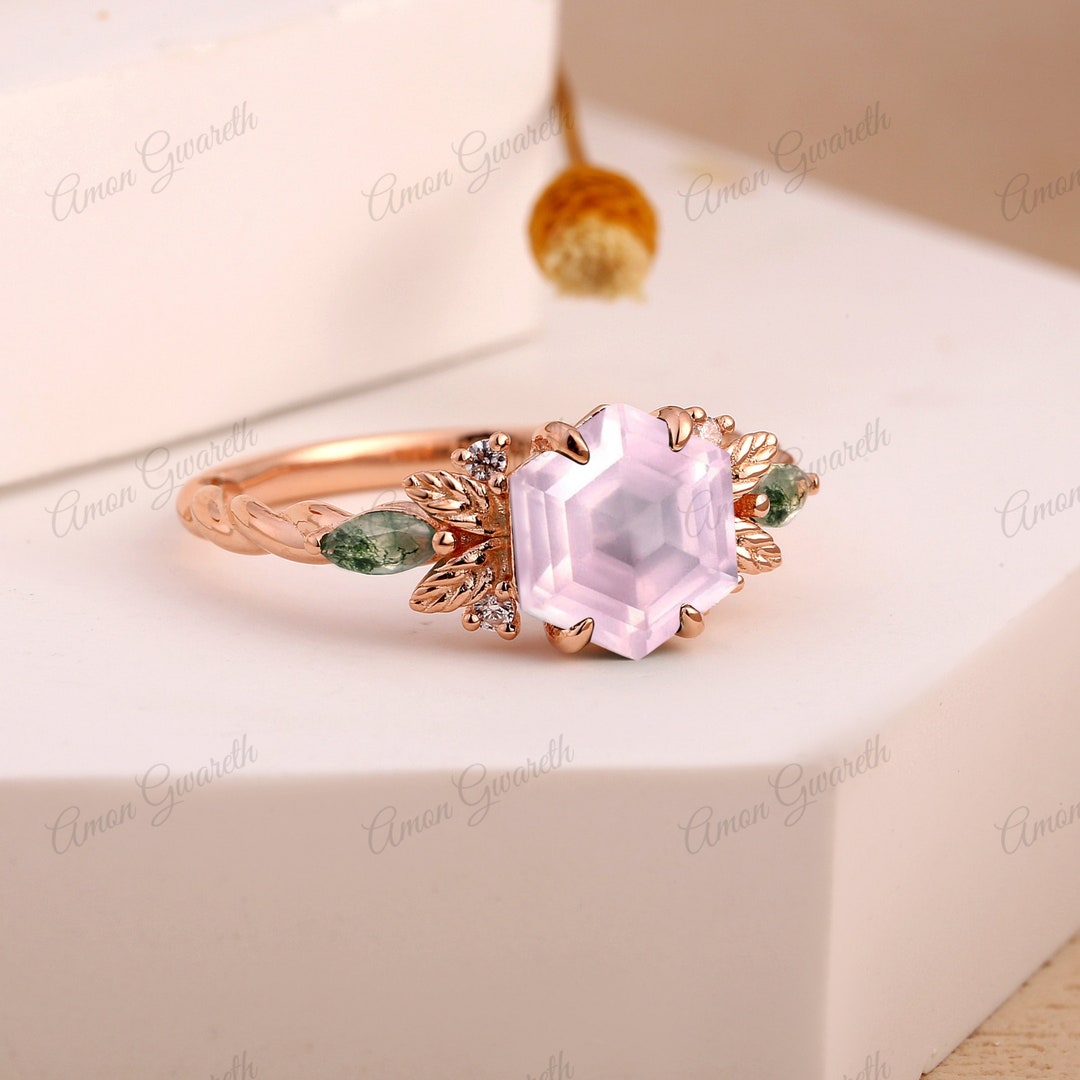Hexagon Natural Pink Rose Quartz Leaf Ring Unique Nature Inspired ...