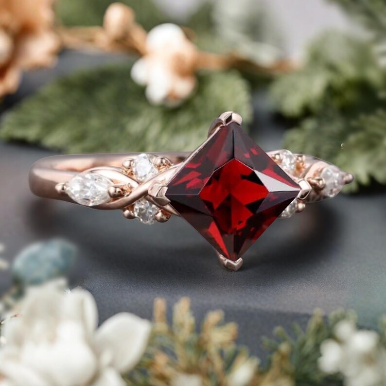 Princess Cut Ruby Engagement Ring Unique Amethyst Wedding Promise Ring ...