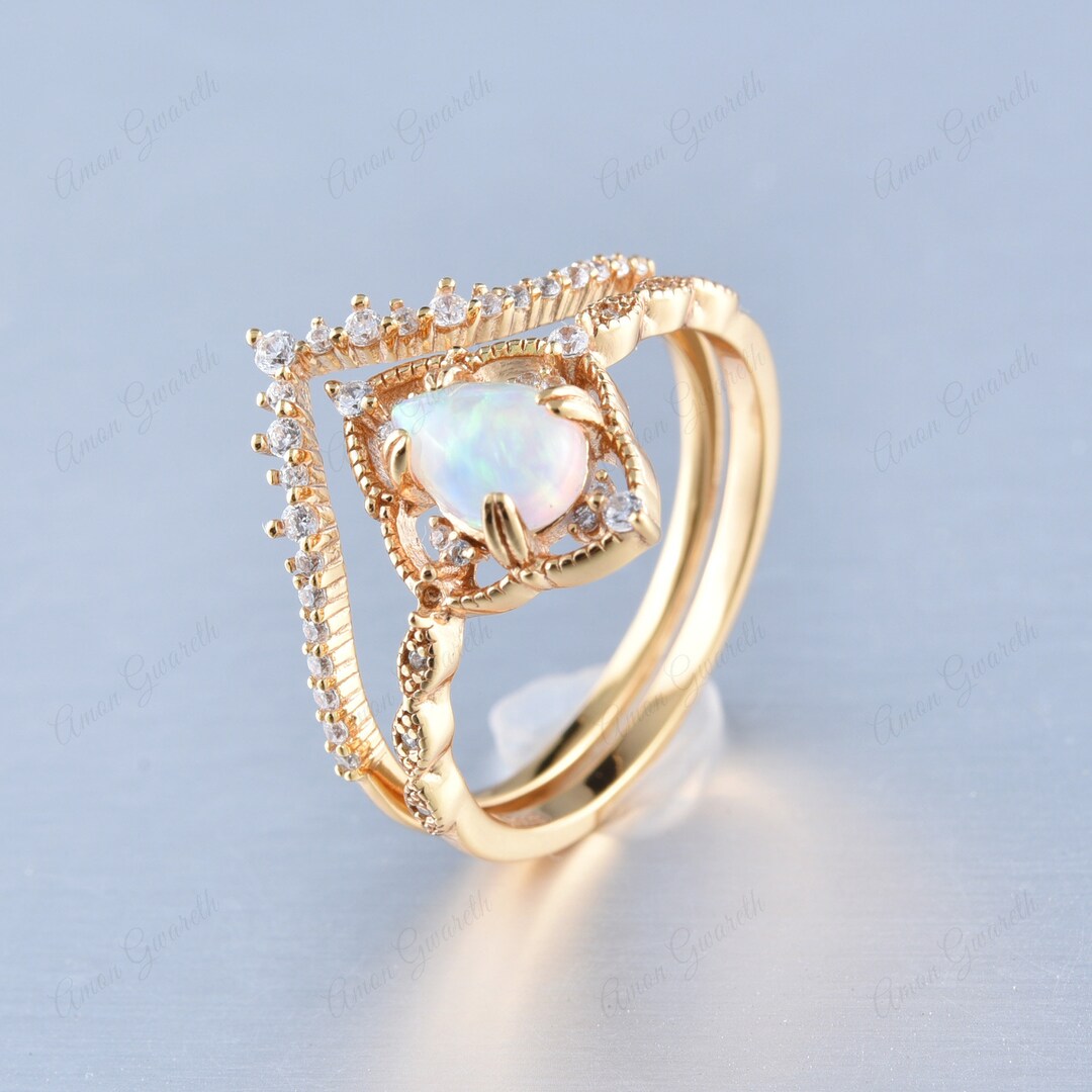 Dainty Opal Engagement Ring Unique Wedding Ring Set Opal Gemstone Ring ...