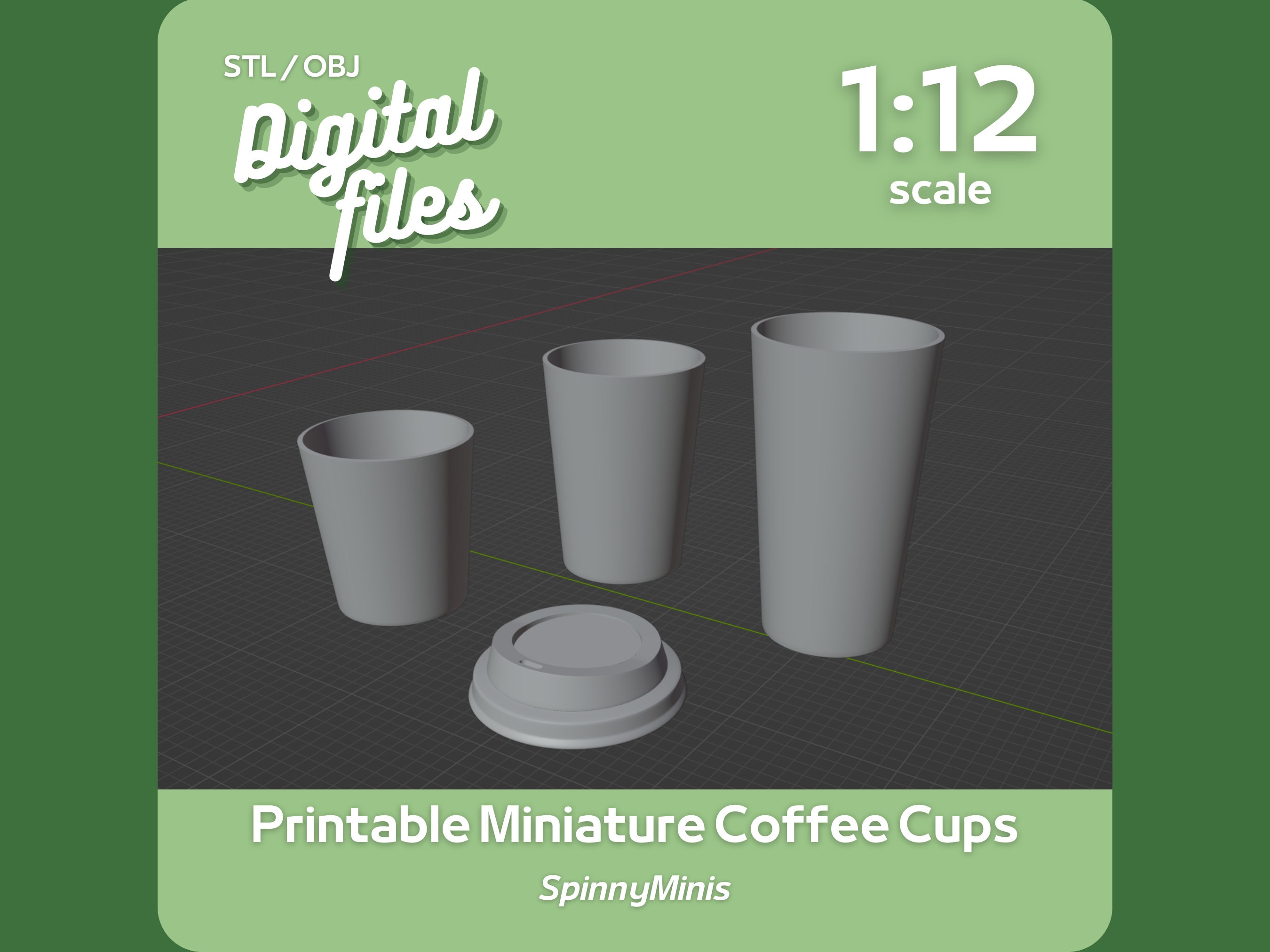 Digital Files 1:12 Miniature Coffee Cups With Lid Three Sizes Models ...