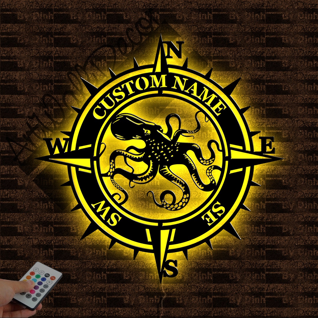 Custom Octopus Metal Wall Art LED Light, Compass Octopus Metal Sign ...