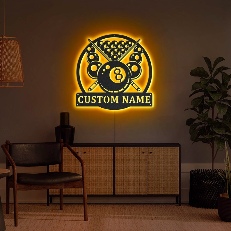 Custom Billiards Metal Wall Art With LED Light Personalized Snooker ...