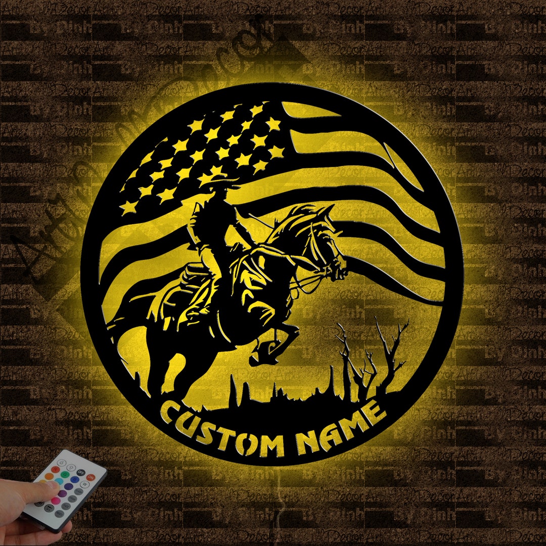 Personalized Cowboy Metal Wall Art LED Light, US Cowboy Metal Sign ...