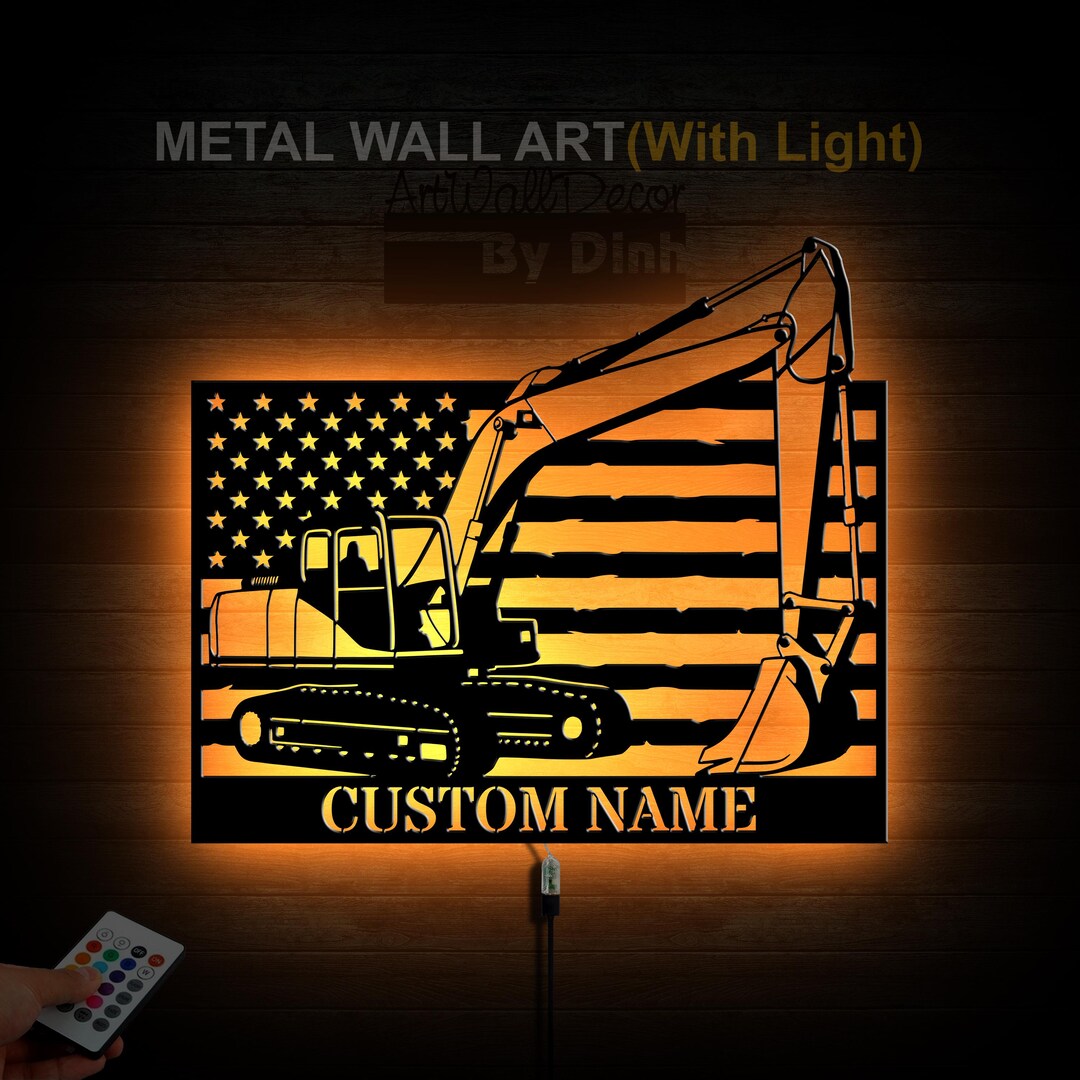 Custom US Excavator Metal Wall Art LED Lights Excavator Metal Sign ...