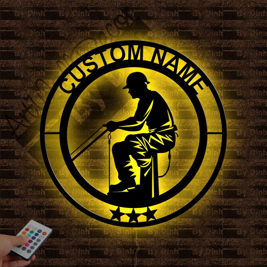 Lineman Metal Wall Art LED Light, Lineman Worker Metal Sign, Custom ...
