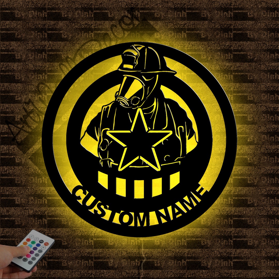 Personalized Fireman Metal Wall Art LED Light, Custom Fireman Metal ...