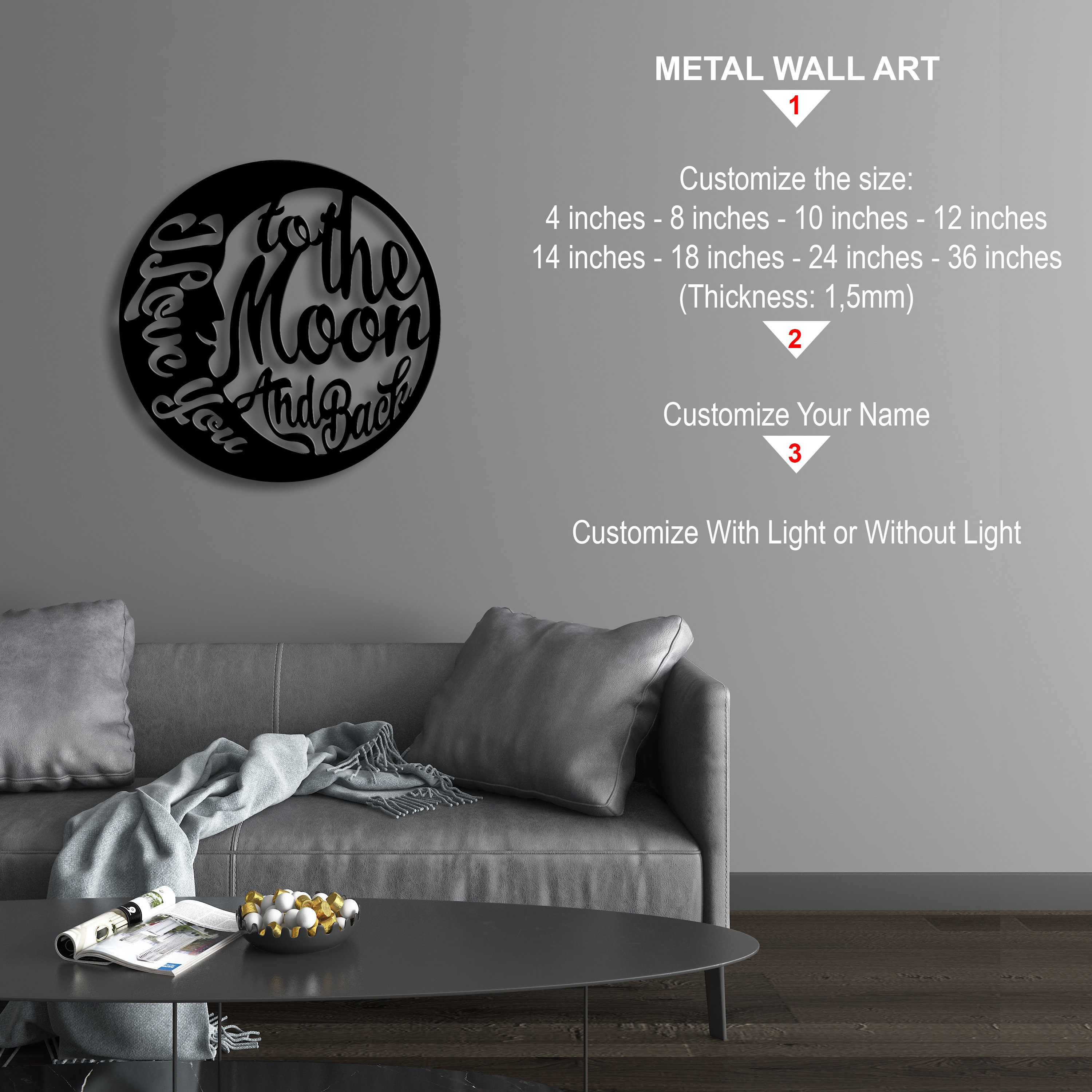 Moon and Back Metal Wall Art Led, Moon and Back Metal Sign, Moon and ...