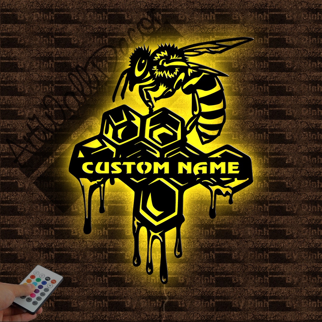 Personalized Honey Bee Metal Sign LED Light, Beehive Metal Wall Art ...