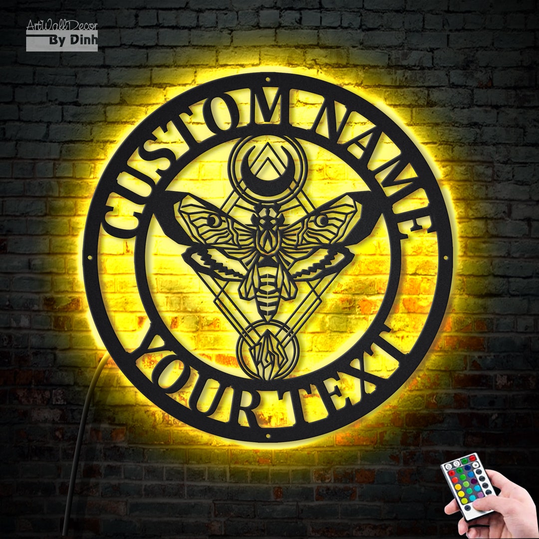 Sweet Bee Moon Metal Wall Art LED Light Personalized Beekeeper Name ...