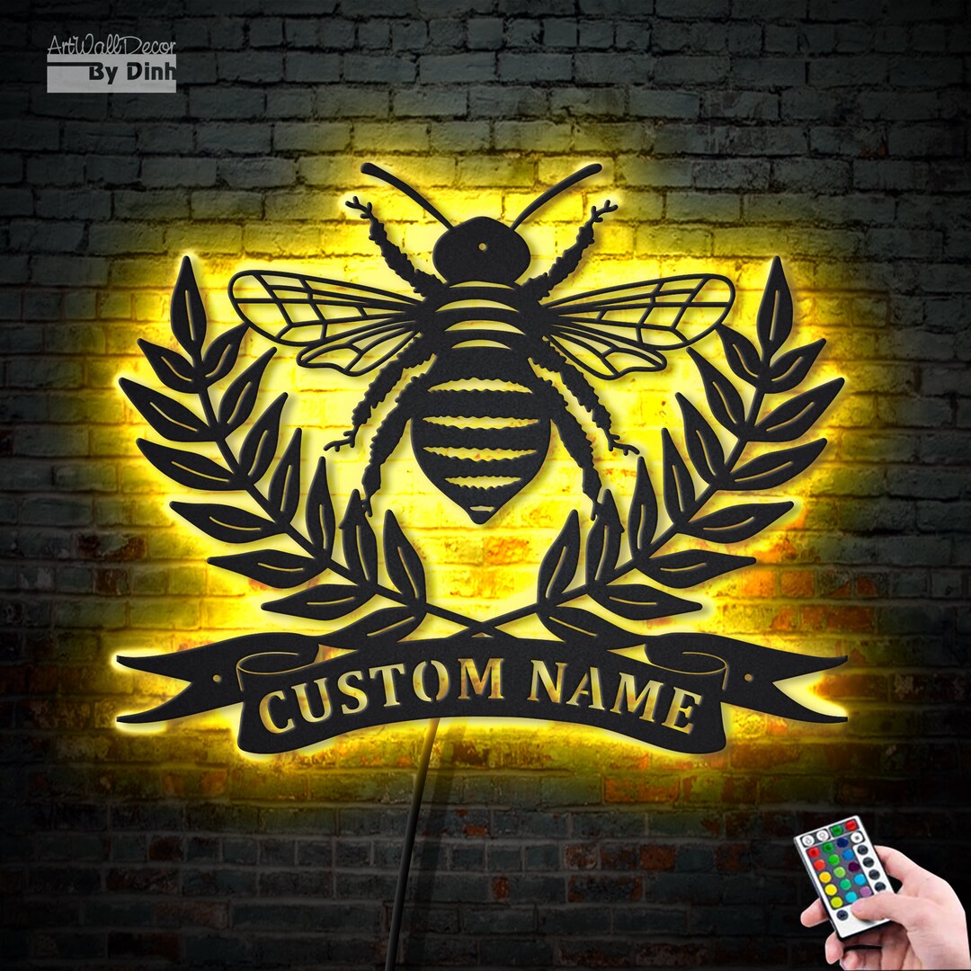Custom Queen Bee Metal Wall Art LED Light Beekeeper Name Sign Home ...