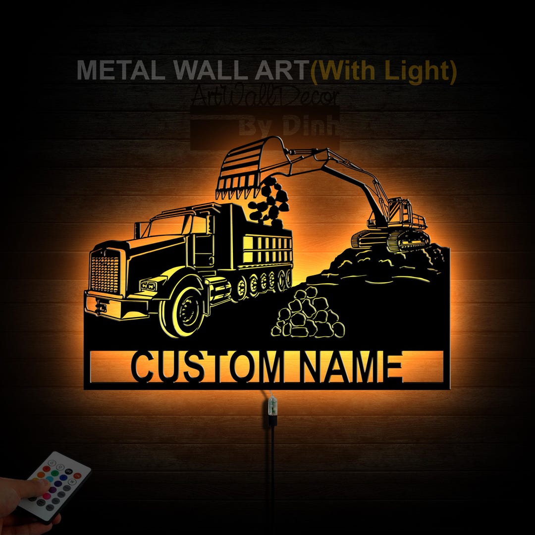 Personalized Excavator Metal Wall Art LED Lights Excavator Metal Sign ...