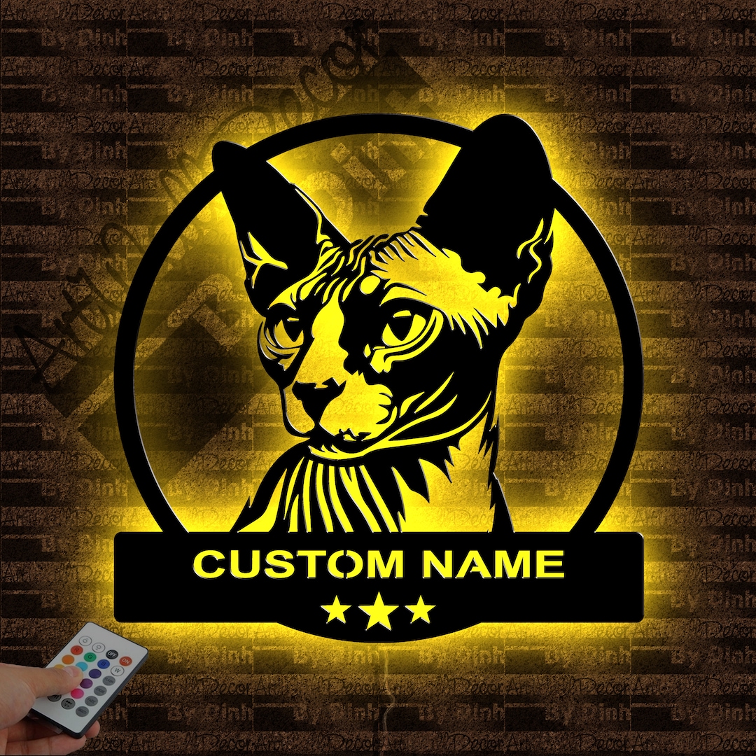 Custom Sphynx Cat Metal Wall Art LED Light, Sphynx Cat Metal Sign, Cat ...