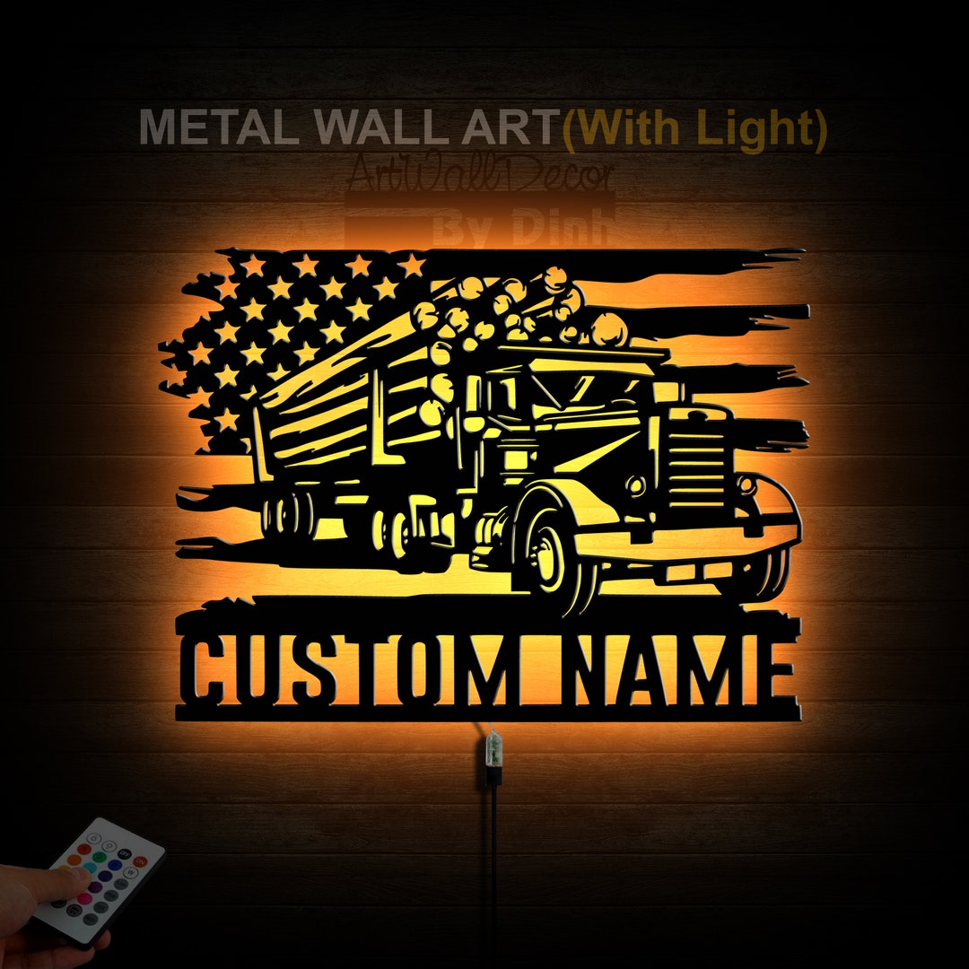 Custom Logging Truck Metal Wall Art LED Light Personalized US Trucker ...