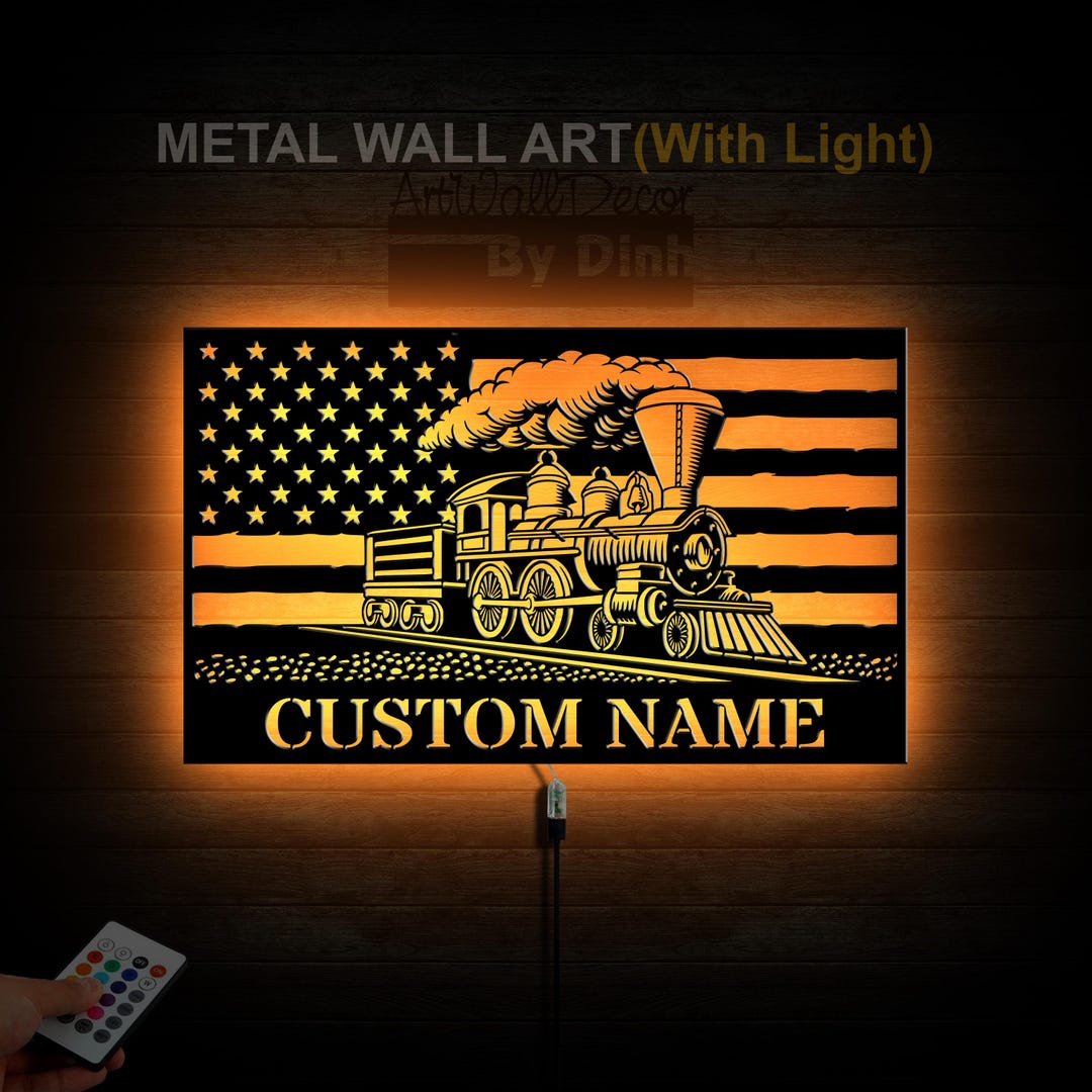 Personalized US Locomotive Metal Wall Art LED Light Train Name Sign ...