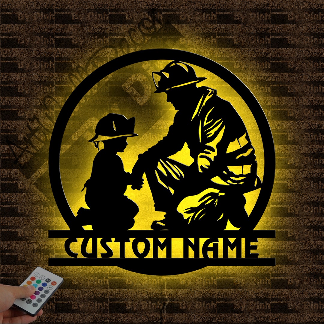 Custom Fireman Father and Son Metal Sign LED Light, Firefighter Metal ...