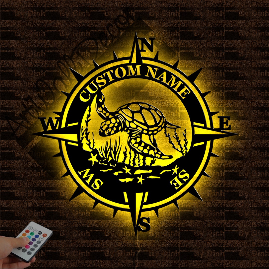 Custom Compass Sea Turtle Metal Sign LED Light, Sea Turtle Metal Wall ...