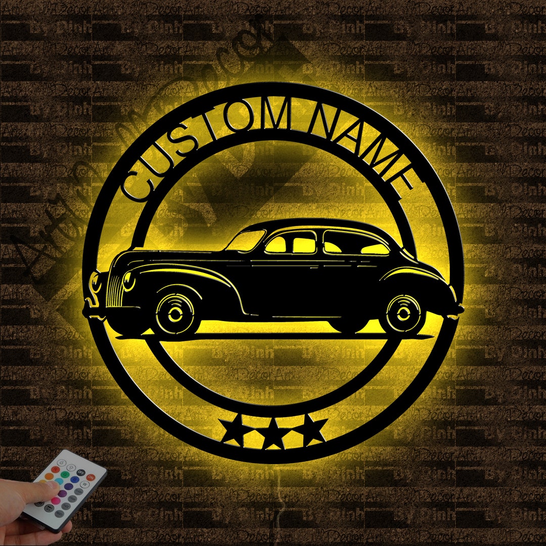 Custom Classic Car Metal Sign LED Light, Classic Car Grarage Name Sign ...