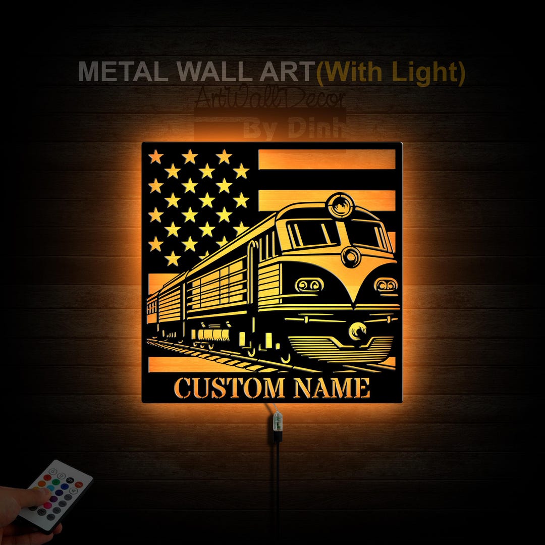 Personalized US Train Metal Wall Art LED Light Train Name Sign Railroad ...