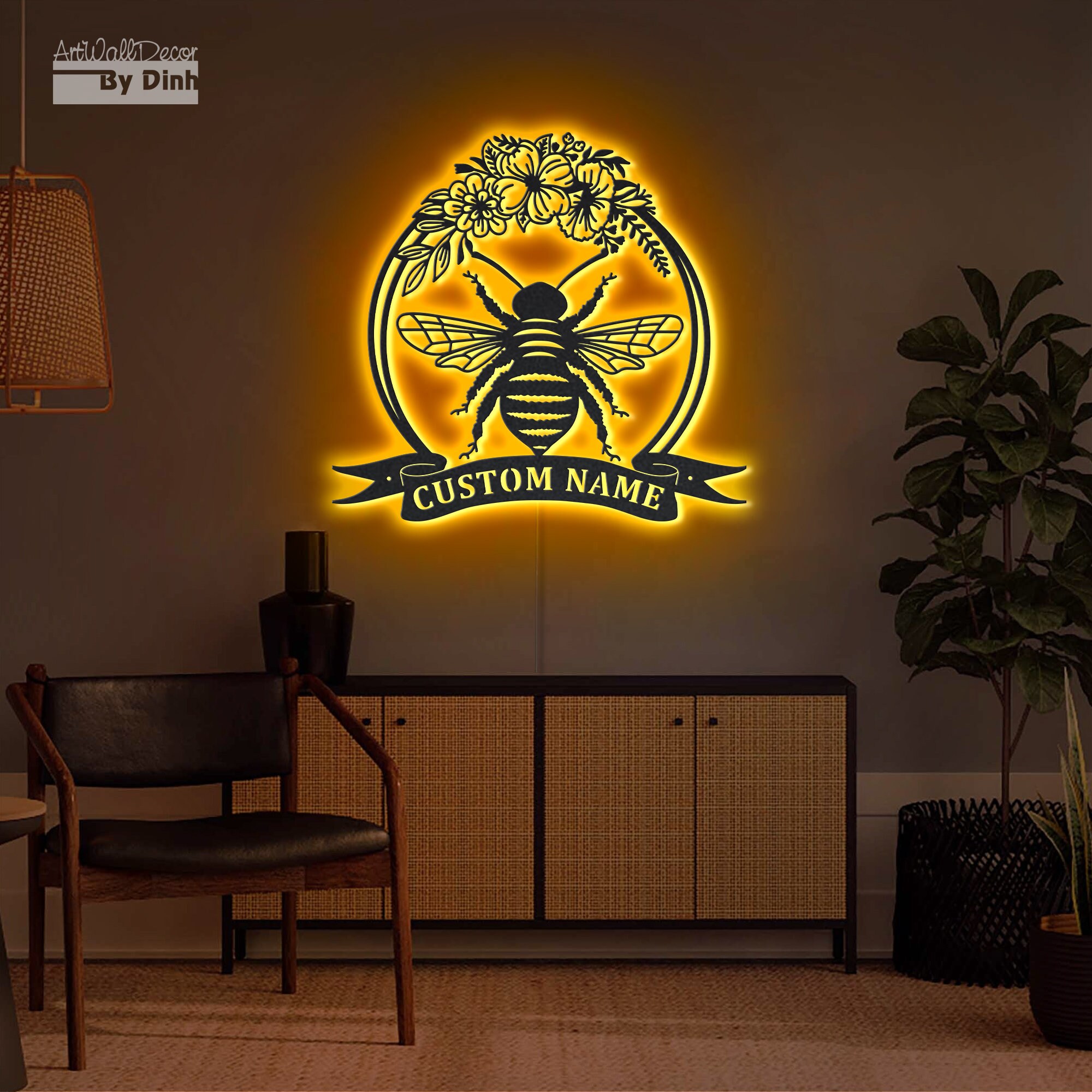 Custom FLORAL Bee Metal Wall Art LED Light Beekeeper Name Sign Home ...