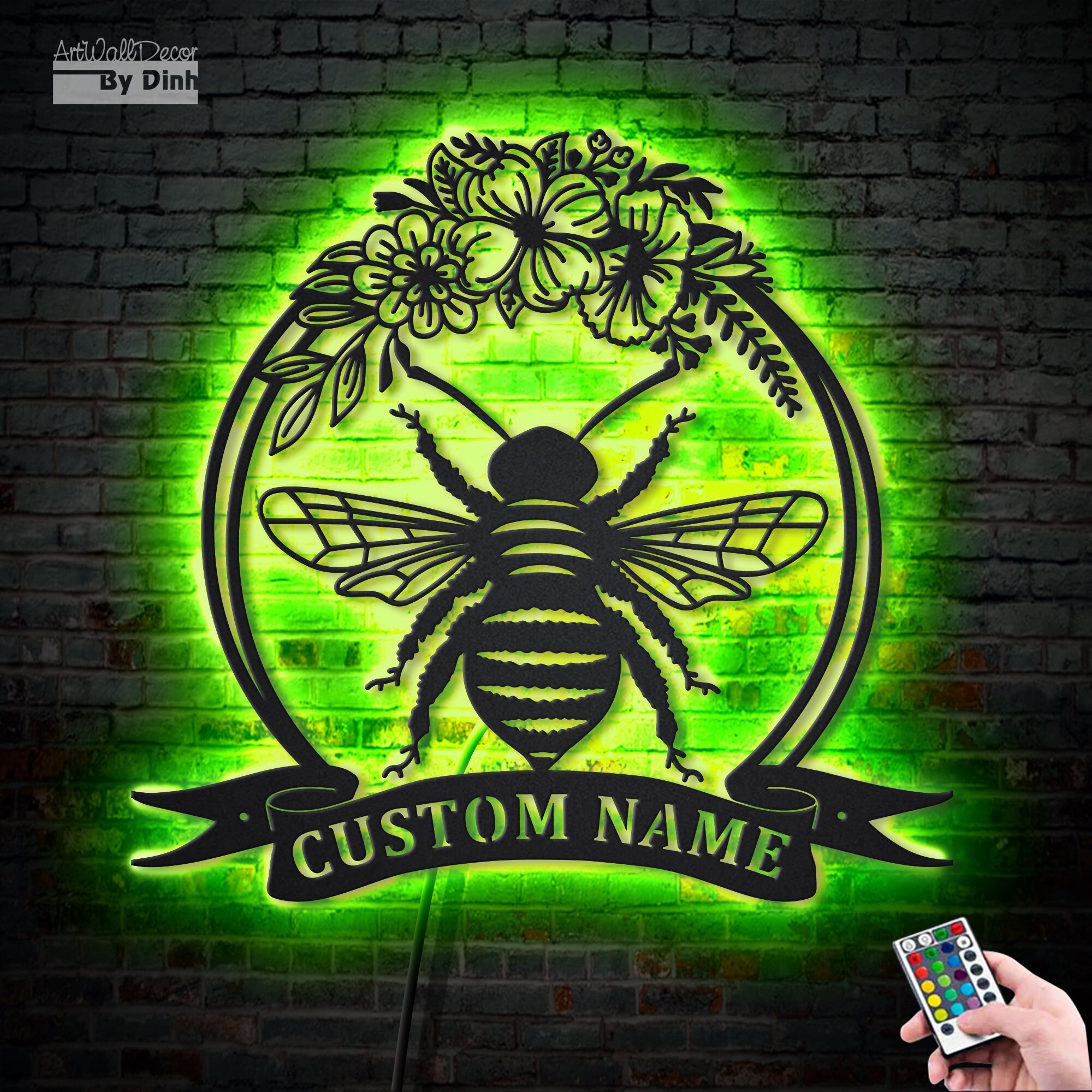 Custom FLORAL Bee Metal Wall Art LED Light Beekeeper Name Sign Home ...