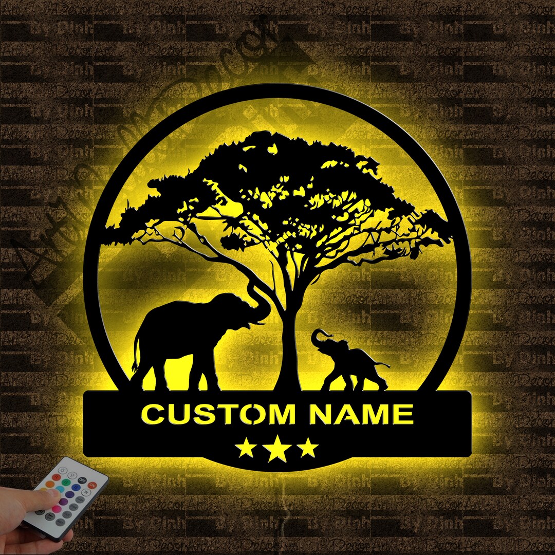 Custom Elephant Africa Wildlife Metal Sign LED Light, Elephant Metal ...