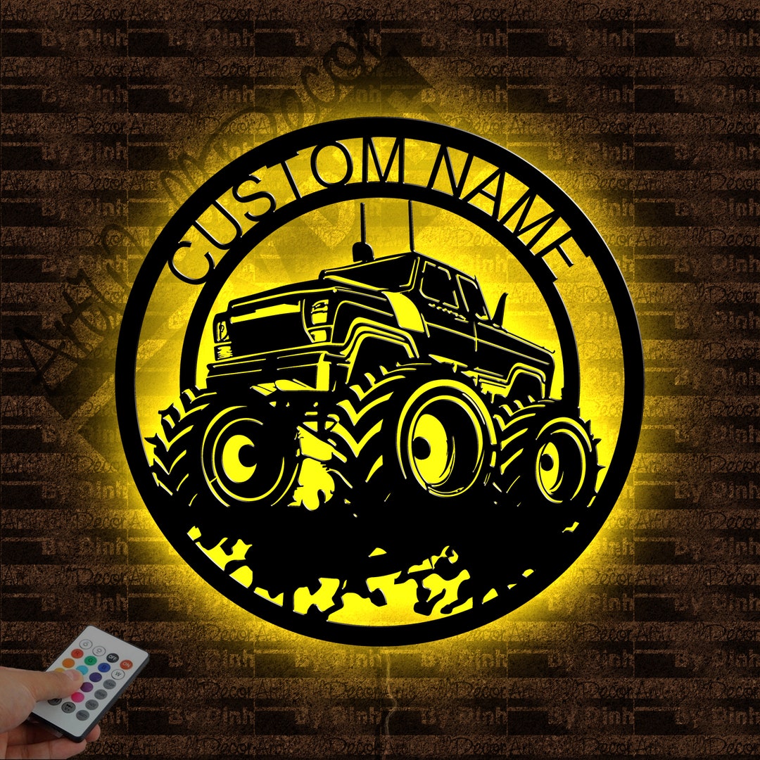 Custom Monster Truck Metal Wall Art LED Light, Monster Truck Metal Sign ...