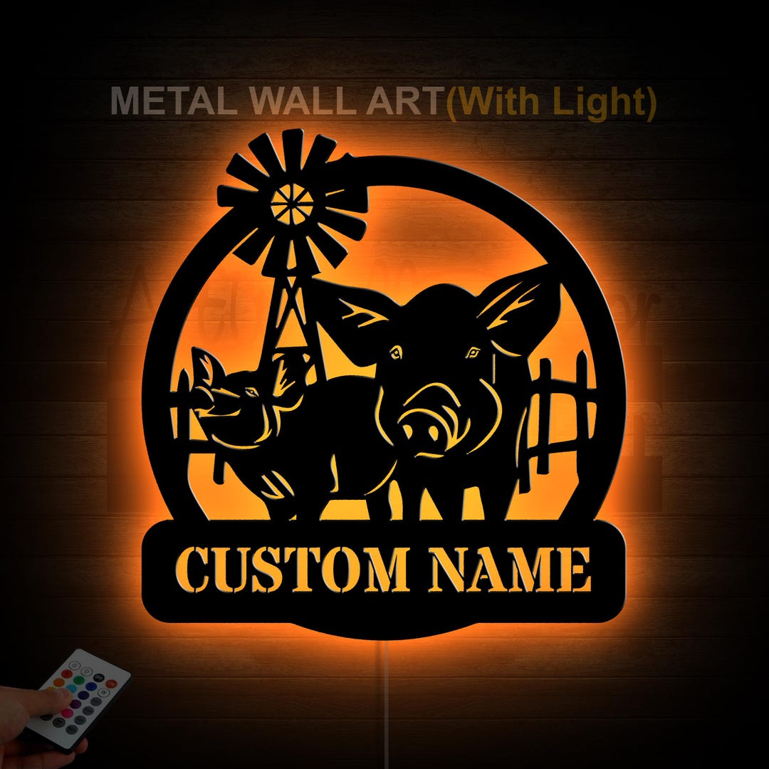 Custom Pig Metal Sign LED Light, Personalized Pig Farmhouse Name Sign ...