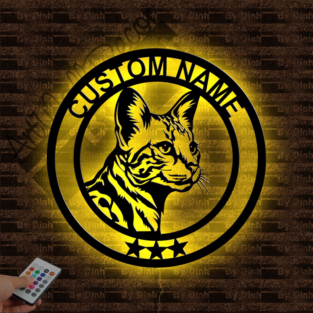 Custom Savannah Cat Metal Sign LED Light, Cat Metal Wall Art, Cat Wall ...