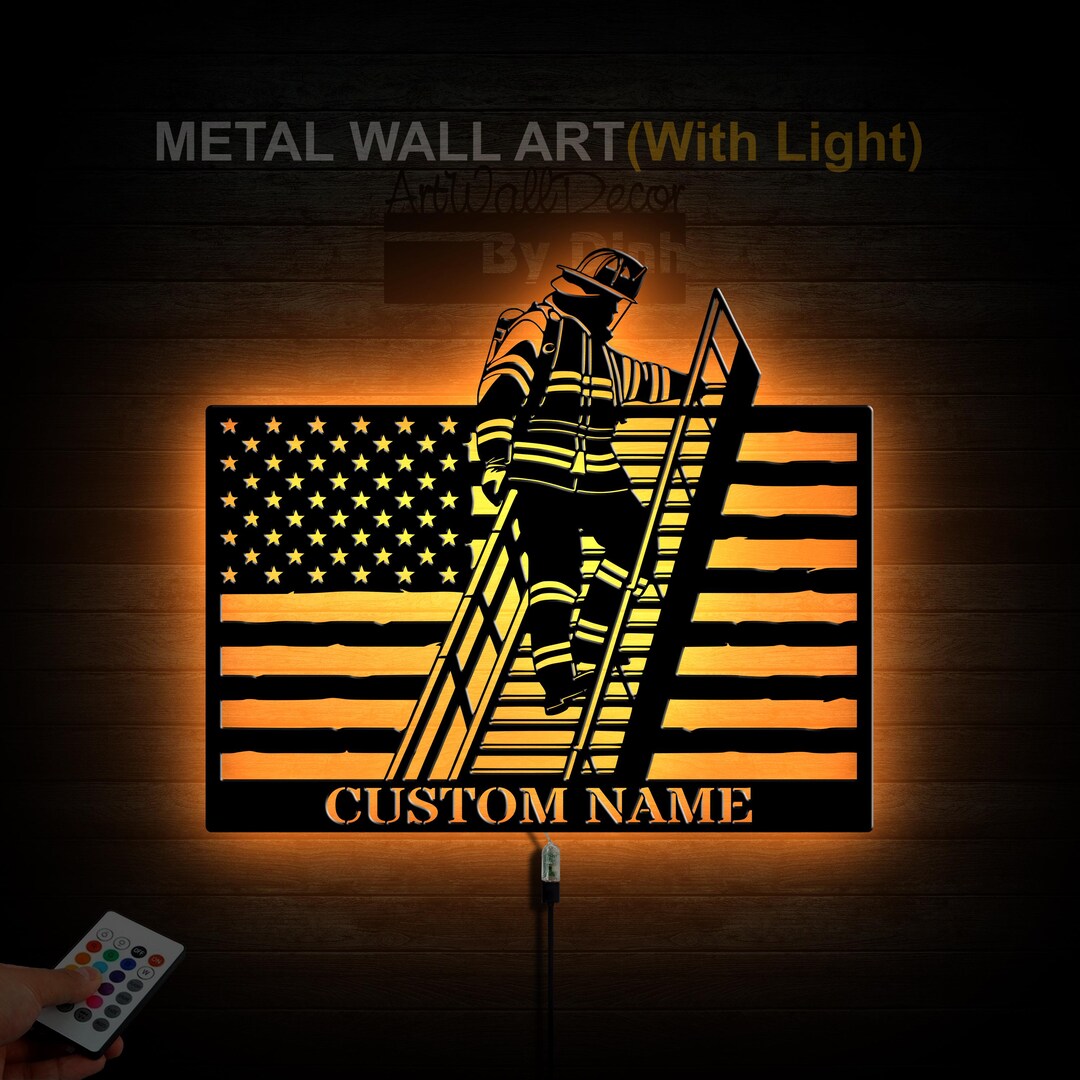 Personalized US Firefighter Metal Wall Art LED Light Fireman Metal Sign ...