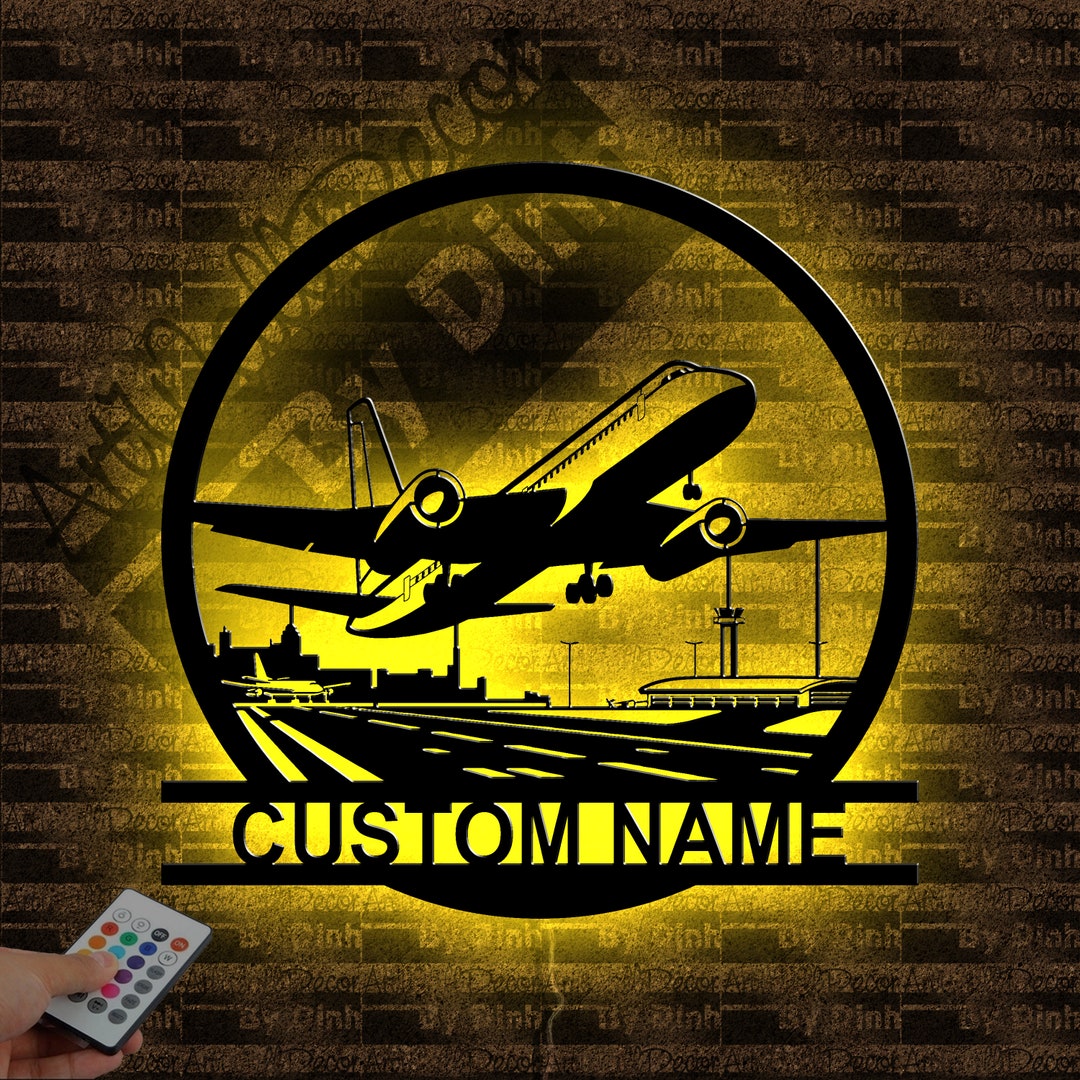 LED Lit Metal Wall Art With Airplane Design and Personalized Pilot Name ...