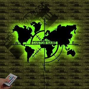 Custom World Map Metal Wall Art LED Light, World Map Metal Sign, World ...