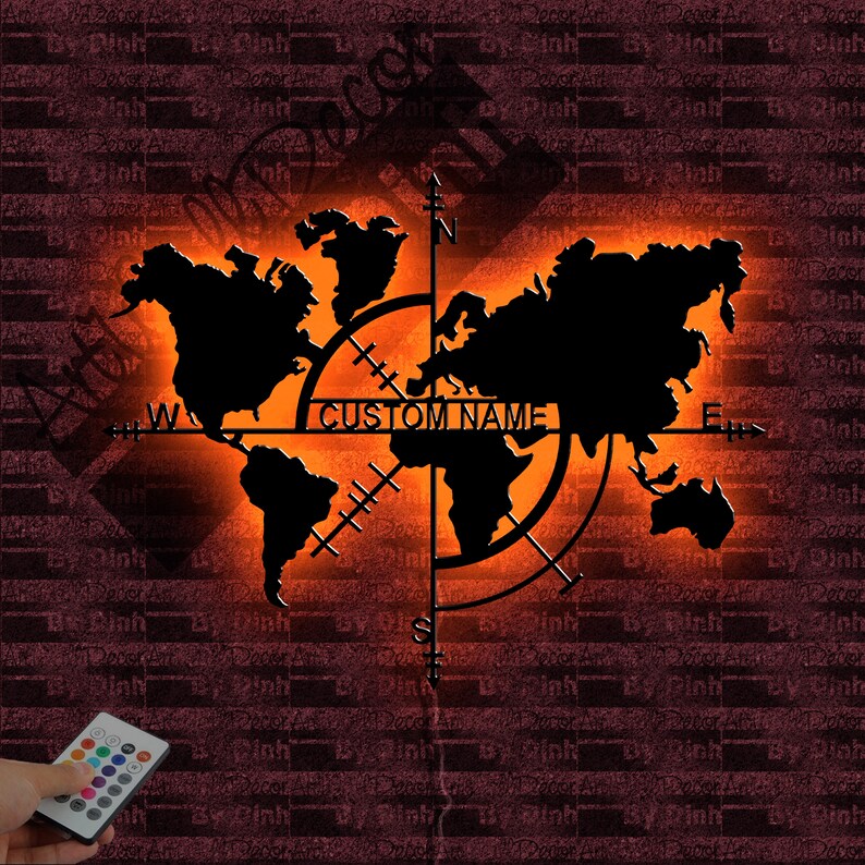 Custom World Map Metal Wall Art LED Light, World Map Metal Sign, World ...