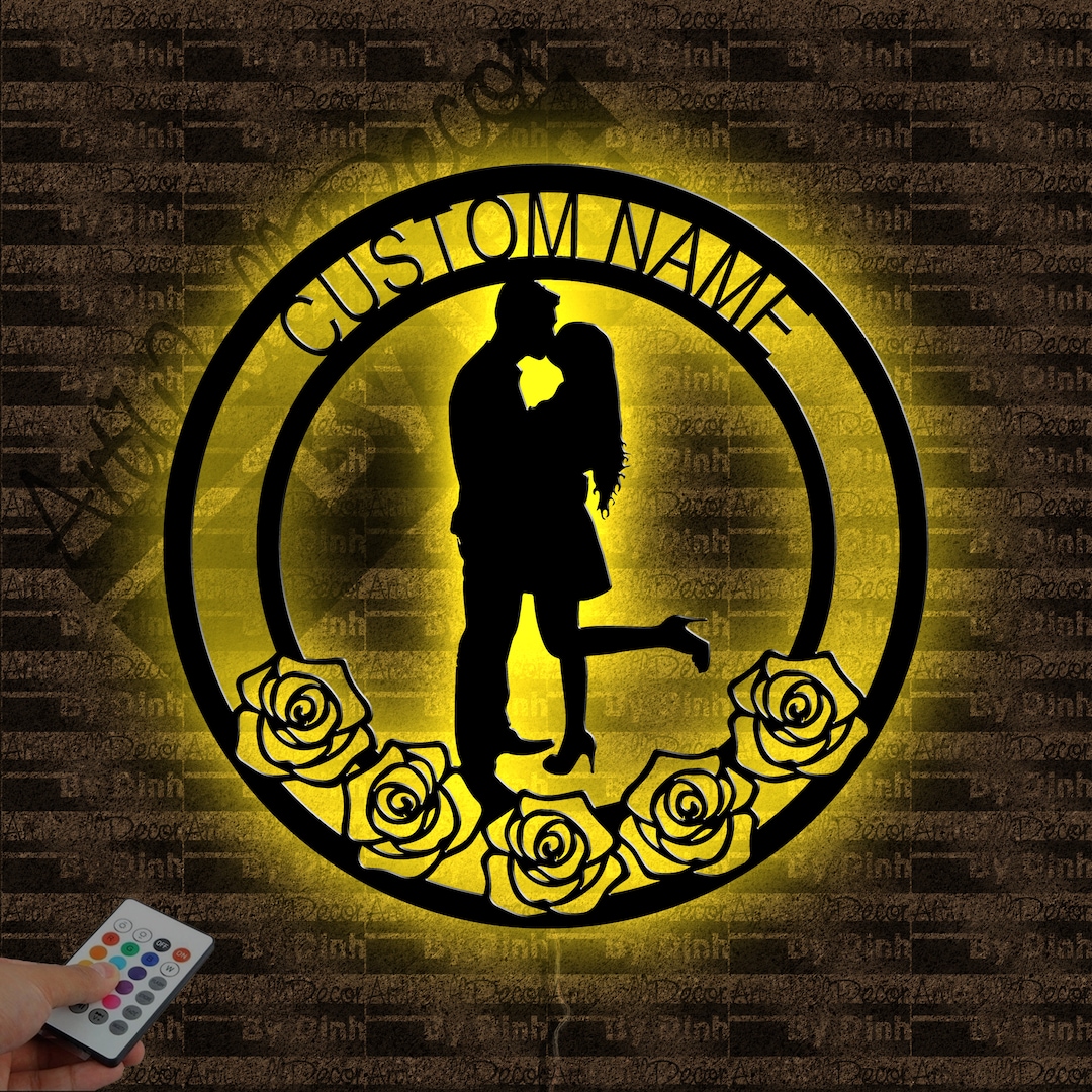 Custom Couple Kiss Metal Sign LED Light, Happy Couple Metal Wall Art ...
