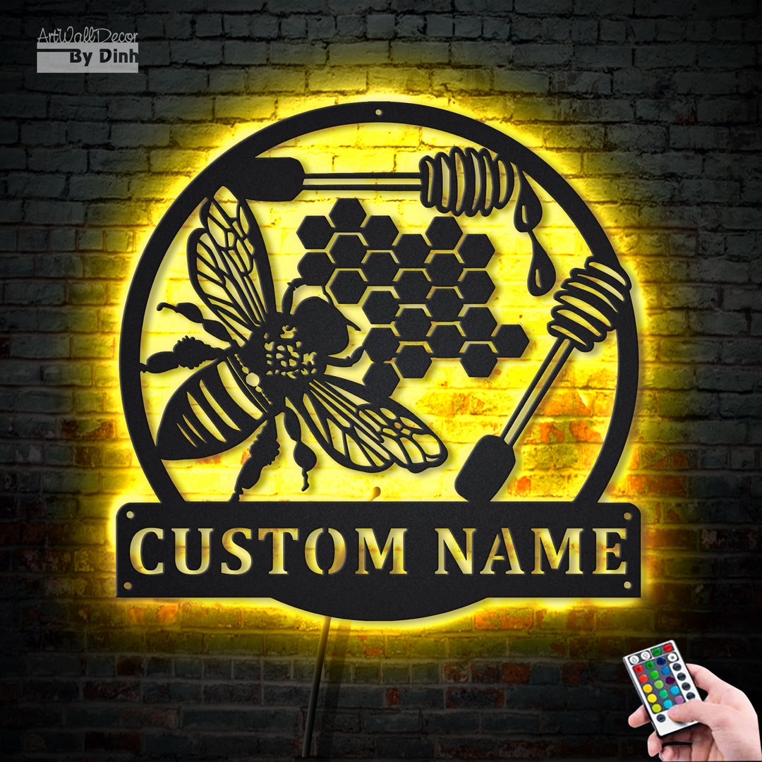 Bee Honeycombs Metal Wall Art LED Light Personalized Beekeeper Name ...
