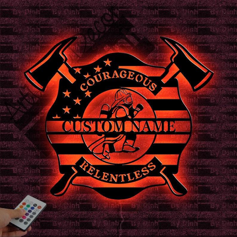 Custom Fire Dept Metal Wall Art LED Light, Firefighter Metal Sign, Fire ...