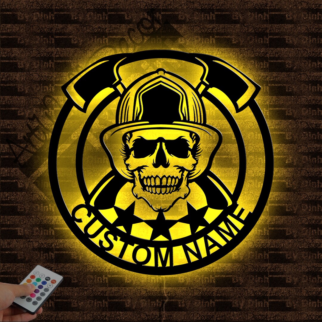 Custom Fireman Helmet Metal Wall Art LED Light, Firefighter Metal Sign ...
