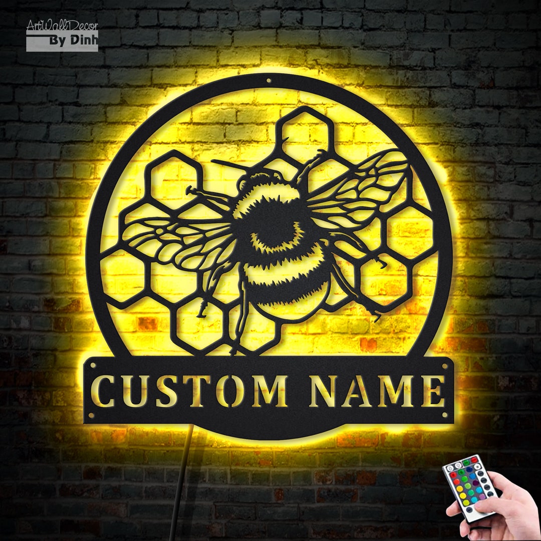 Bumble Bee Floral Metal Wall Art LED Light Personalized Beekeeper Name ...