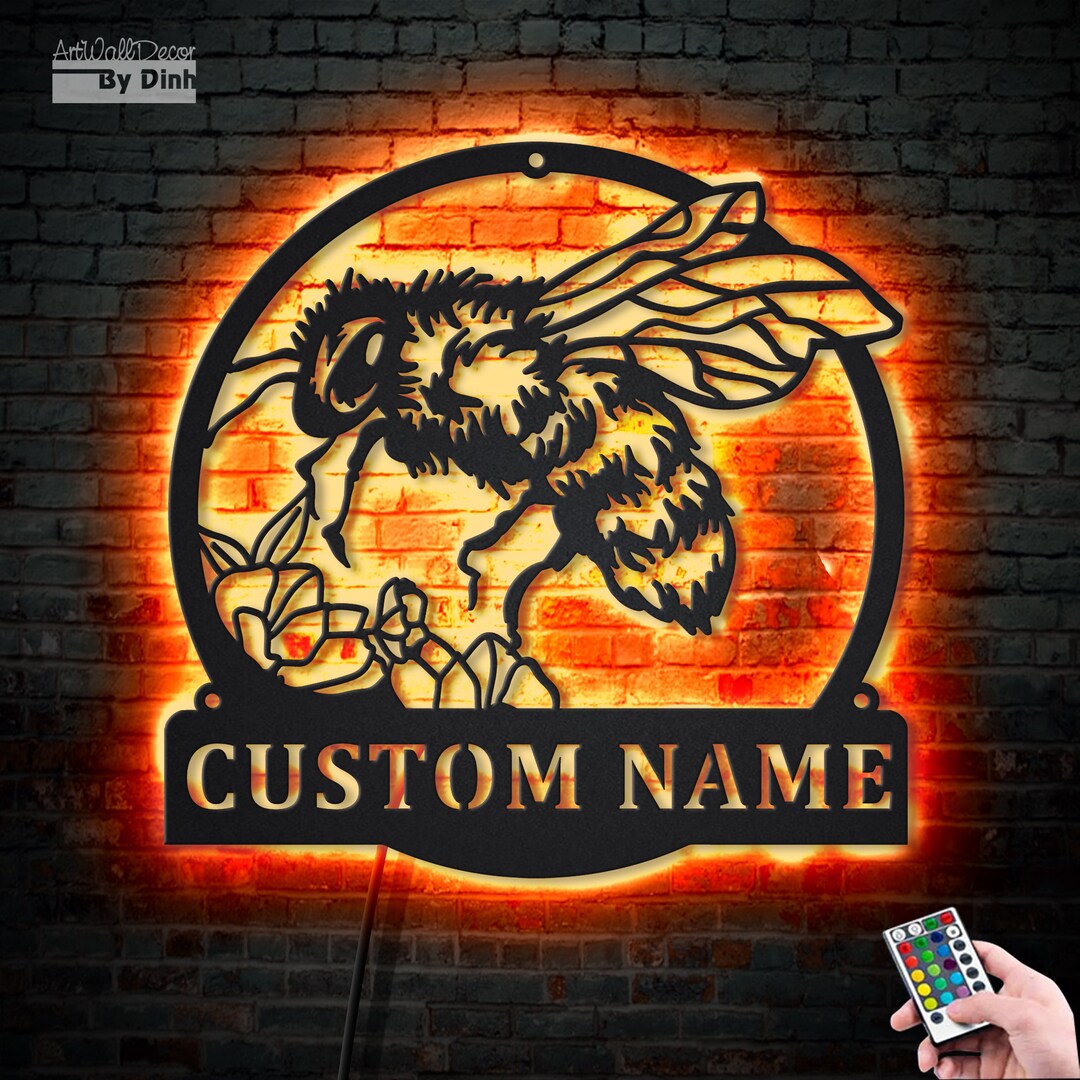 Custom Honey Bee Metal Wall Art LED Light Personalized Beekeeper Name ...