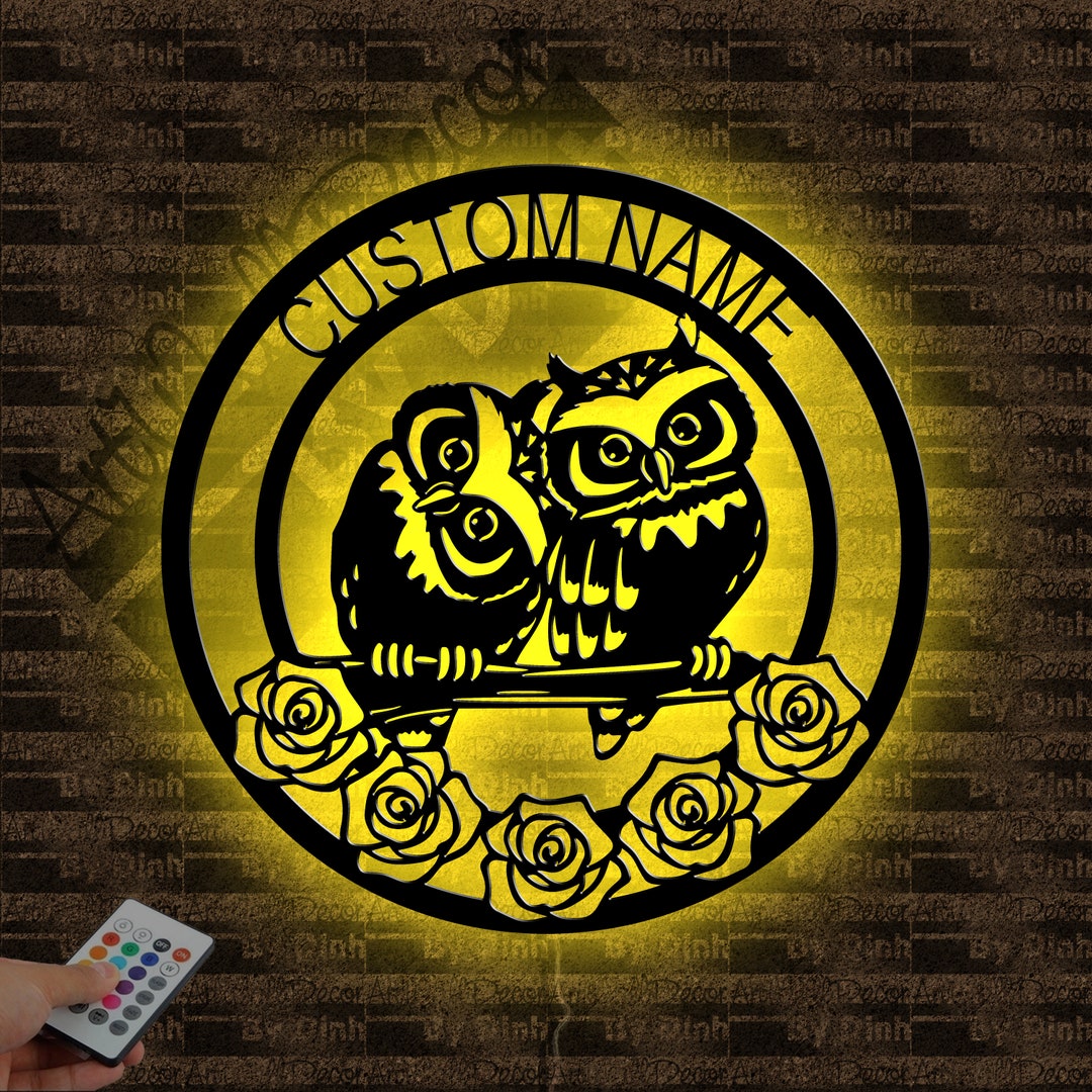 Personalized Couple Owl Metal Sign LED Light, Funny Owl Metal Wall Art ...