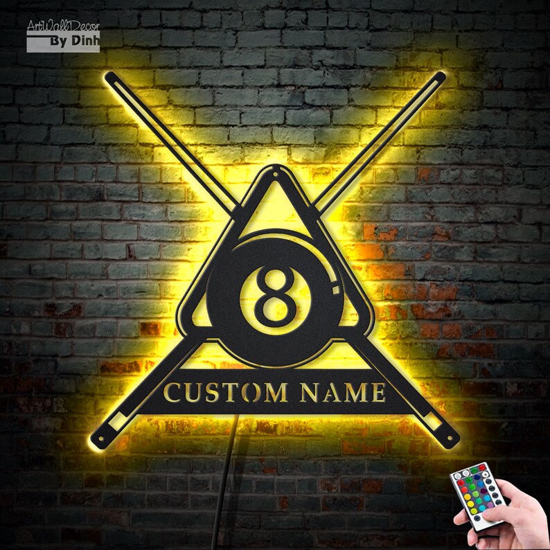 Billiards Metal Wall Art With LED Light Snooker Player Name Sign Home ...