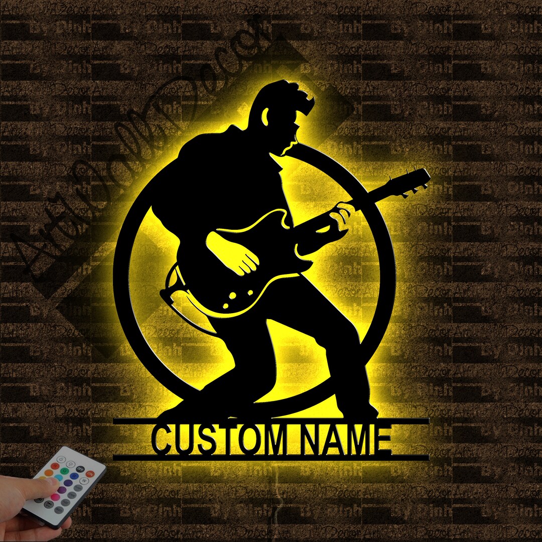 Personalized Guitar Man Metal Sign LED Light, Guitarist Metal Wall ...
