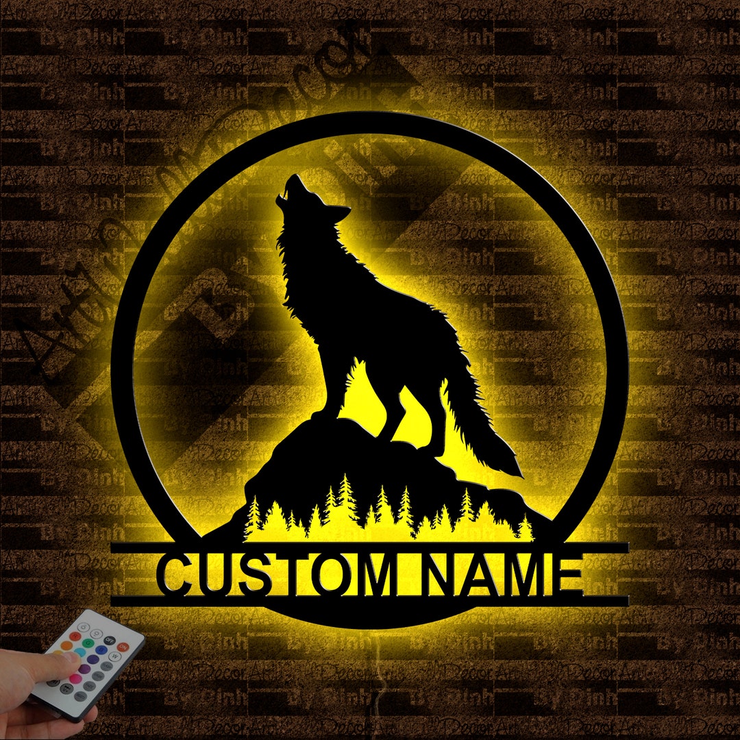 Personalized Howling Wolf Metal Sign LED Light, Wolf Metal Wall Art ...