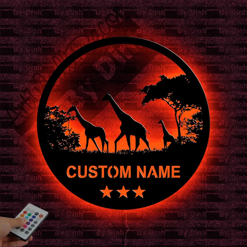 Personalized Giraffe Metal Wall Art LED Light, Custom Giraffe Metal ...