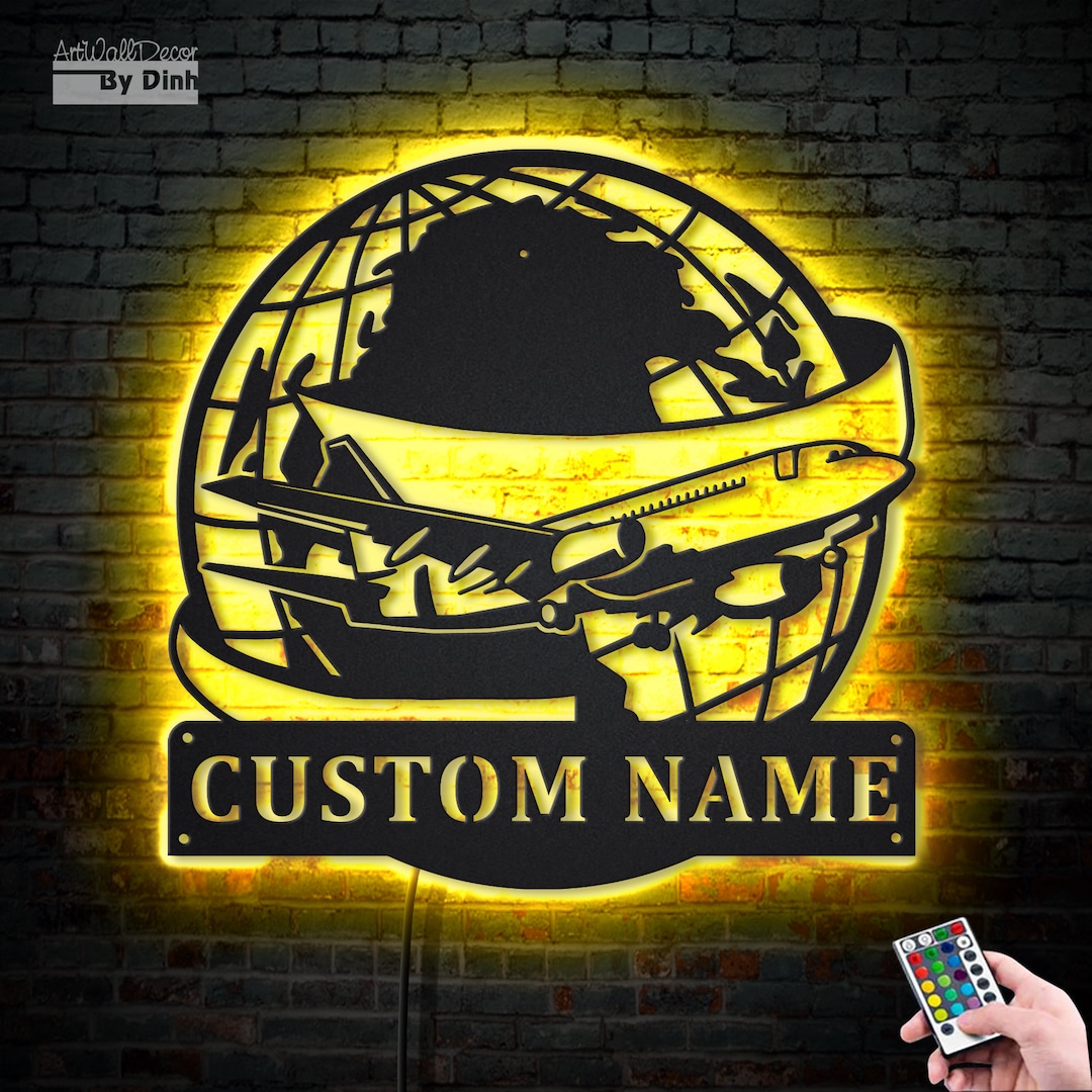 Metal Airplane Wall Art With Custom Pilot Name LED - Aviation Themed ...