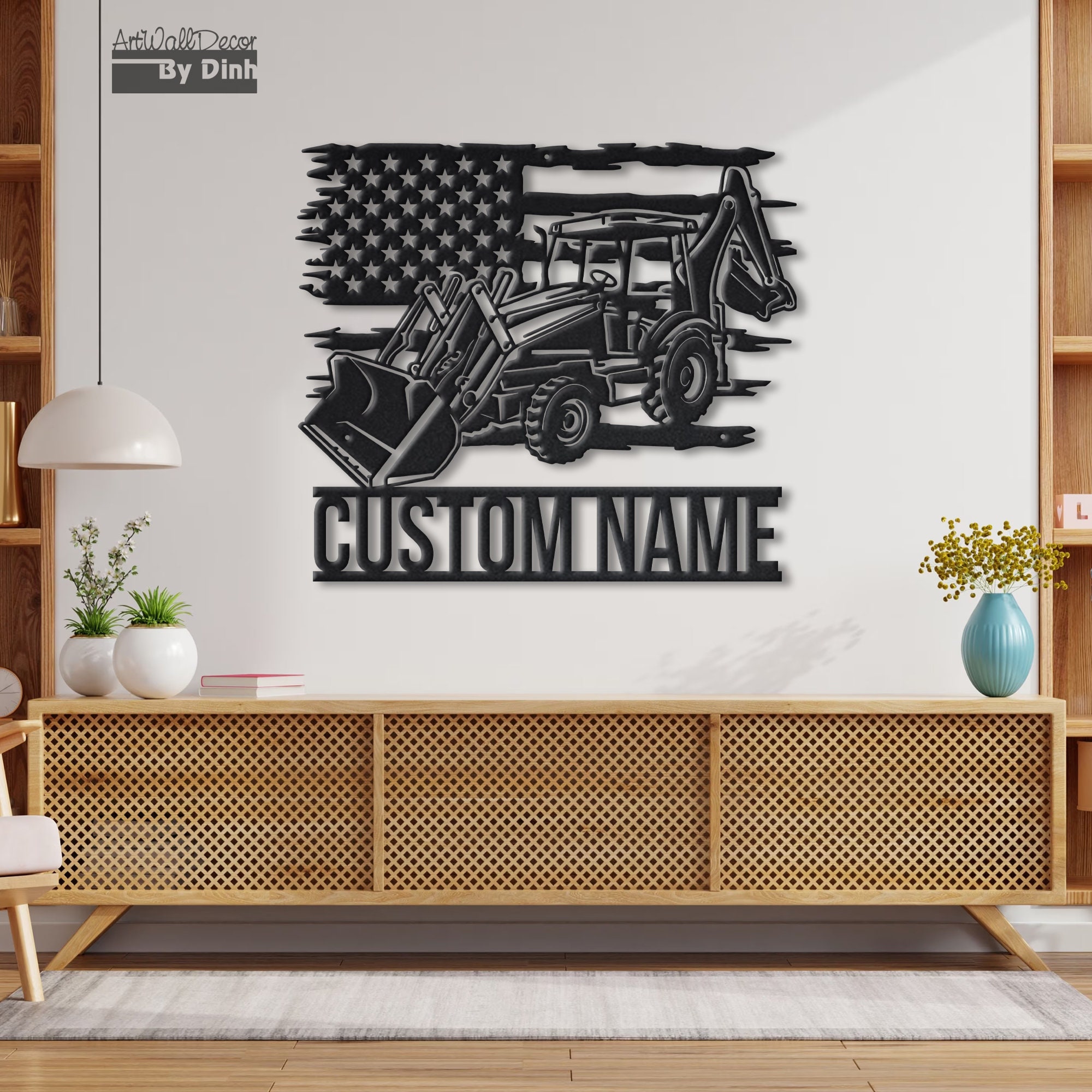 Custom Metal Wall Art With Backhoe Loader LED RGB, Custom Name Sign for ...