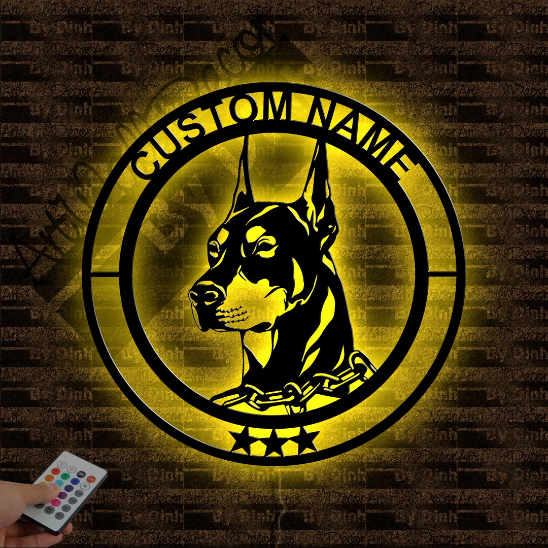 Custom Doberman Dog Metal Sign LED Light, Doberman Dog Metal Wall Art ...