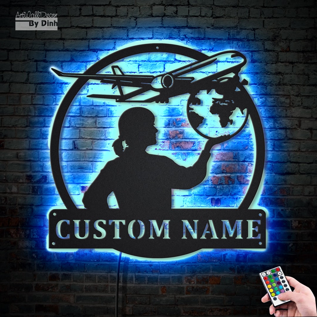 Personalized Woman Pilot Name Metal Wall Art With LED Light and ...